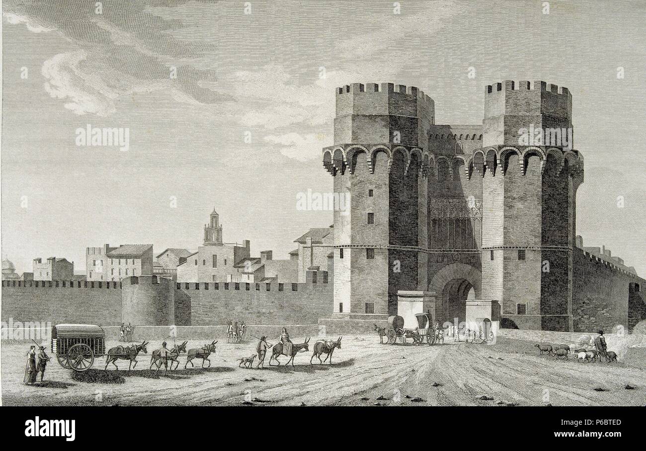VALENCIA. VISTA DE LA PUERTA DE SERRANOS. DIBUJO DE LIGIER. GRABADO DEL ...