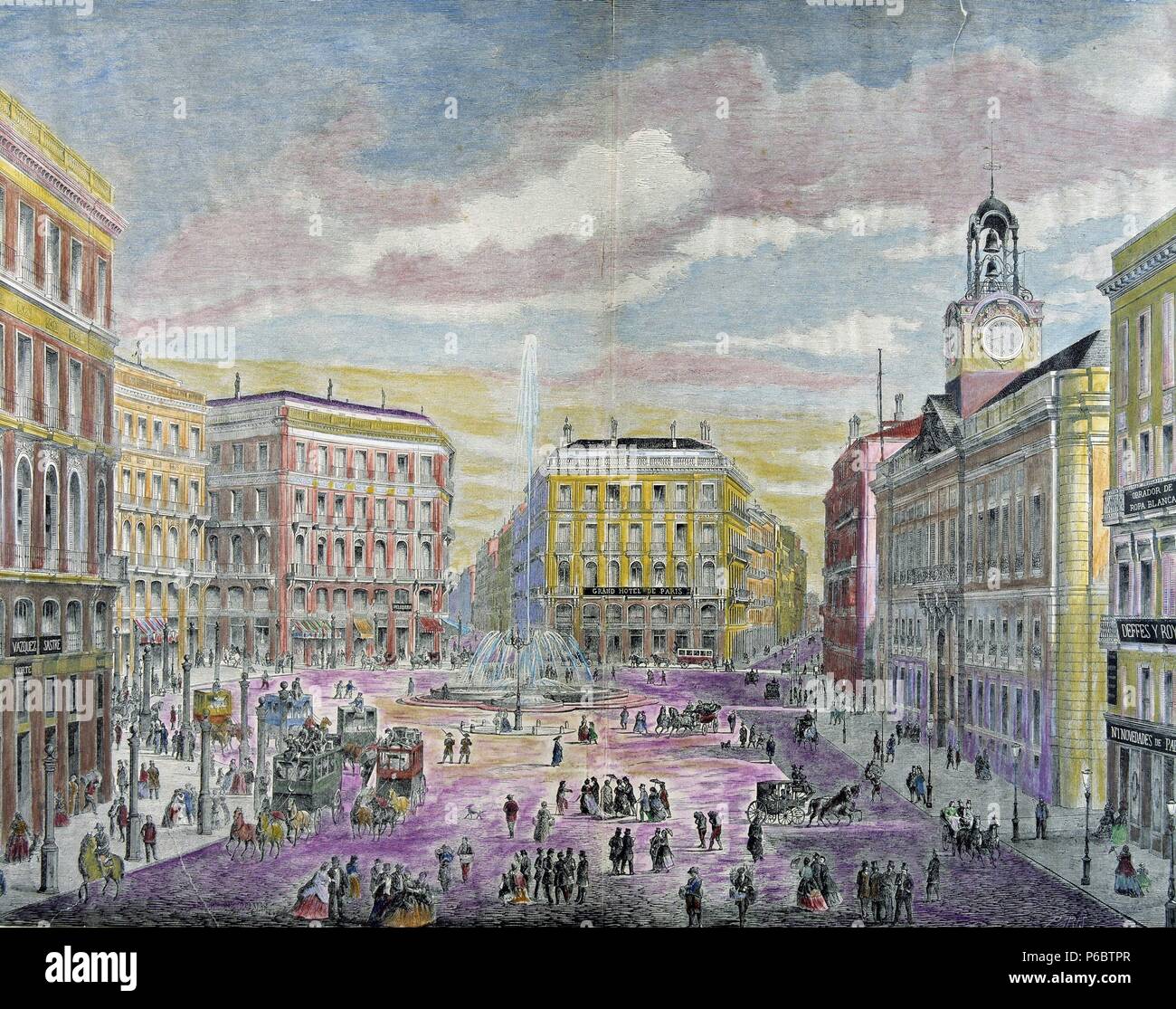 MADRID. PUERTA DEL SOL , AÑO 1870. GRABADO COLOREADO. ILUSTRACION ...