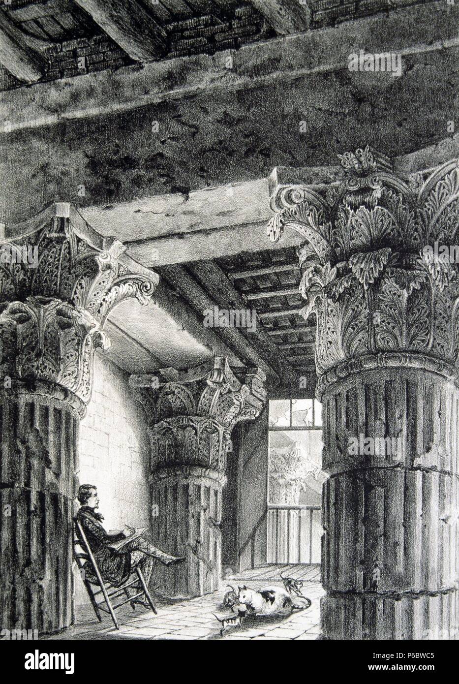 BARCELONA. COLUMNAS ROMANAS EN LA CALLE DEL PARADIS. DIBUJO DE ...