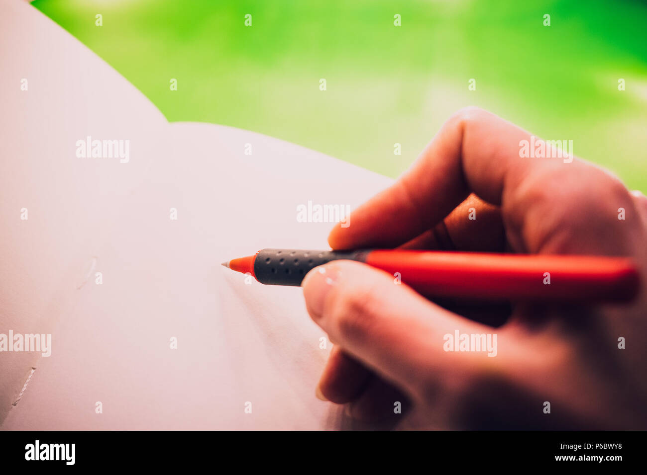 Hand with red pen writing in blank notebook. on a bright green ...