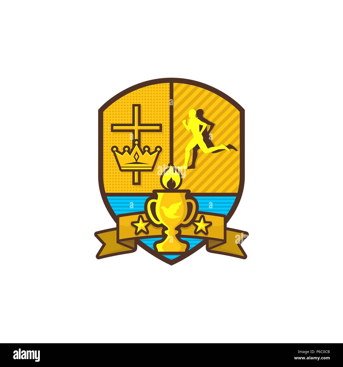 Christian sports logo. Shield, goblet, cross of Jesus, crown. Running ...