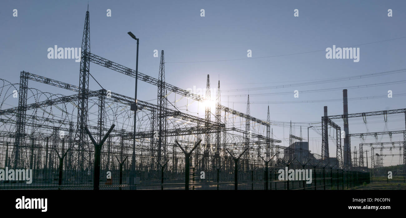 industrial landscape - different structures of an electrical substation ...
