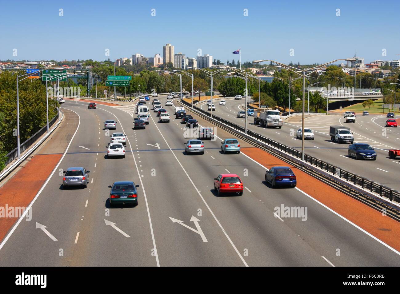 PERTH, AUSTRALIA - FEBRUARY 6, 2009: Freeway traffic in Perth. Perth ...