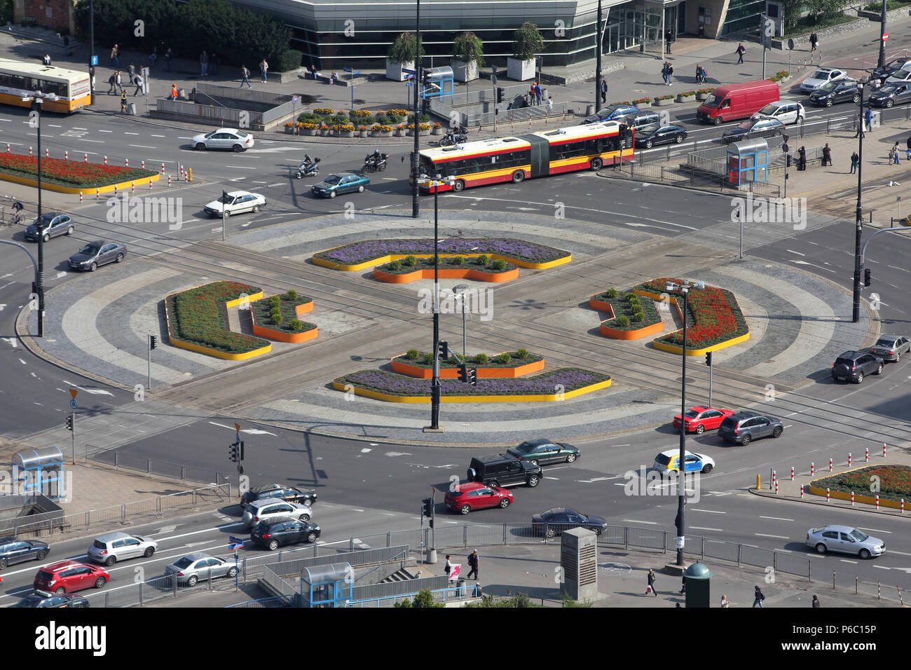 Important intersection and city traffic view in Warsaw, Poland. Aerial ...