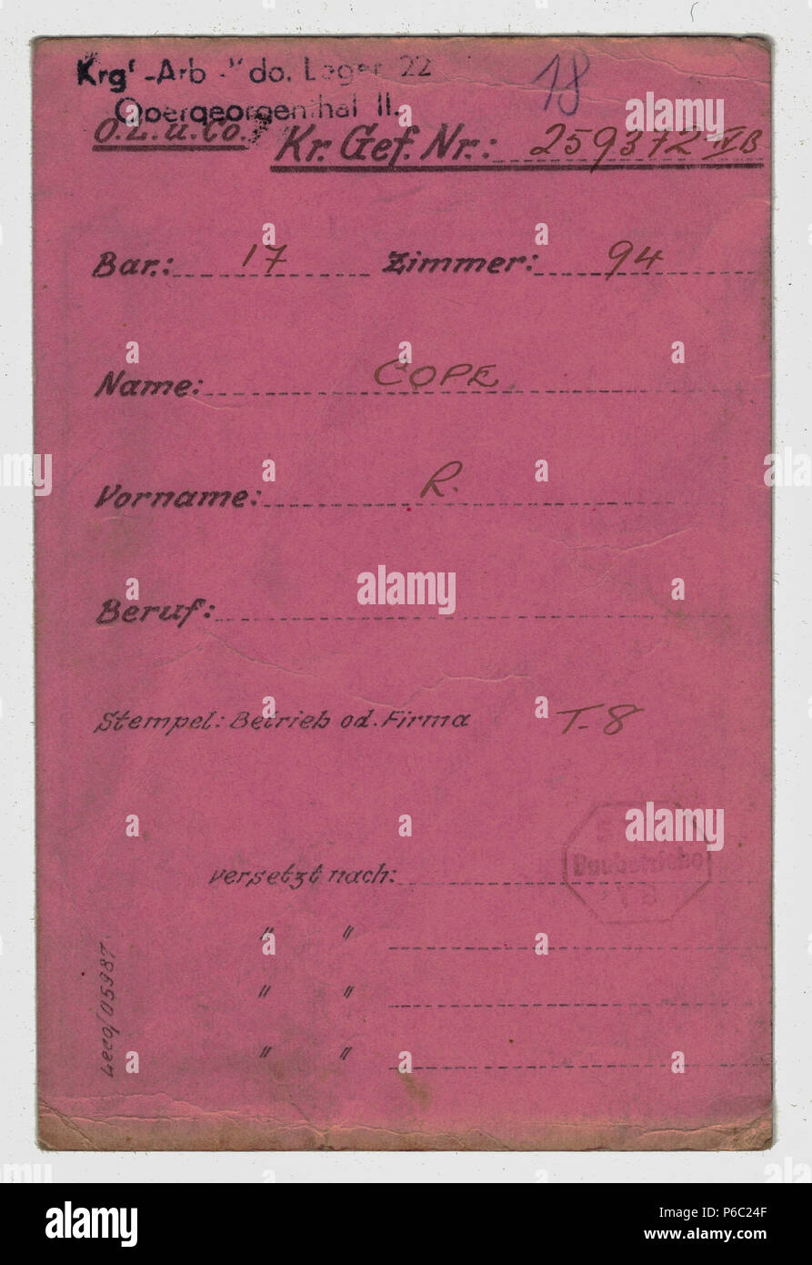 Card issued to Prisoners of War, Pay Period Lohnperiode for working in ...
