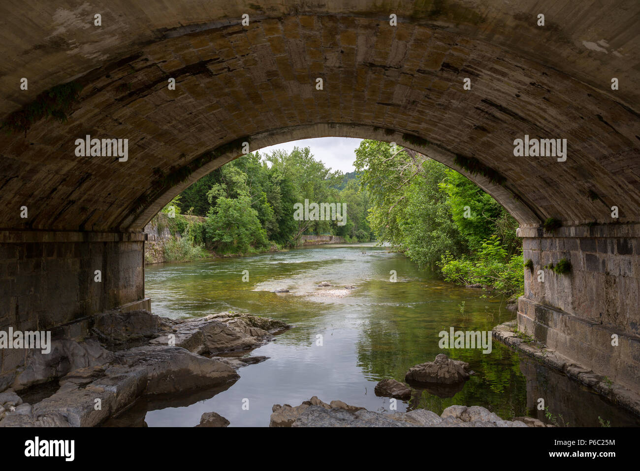 bridge over the Sella River in Cangas de Onis, Asturias, Spain Stock ...