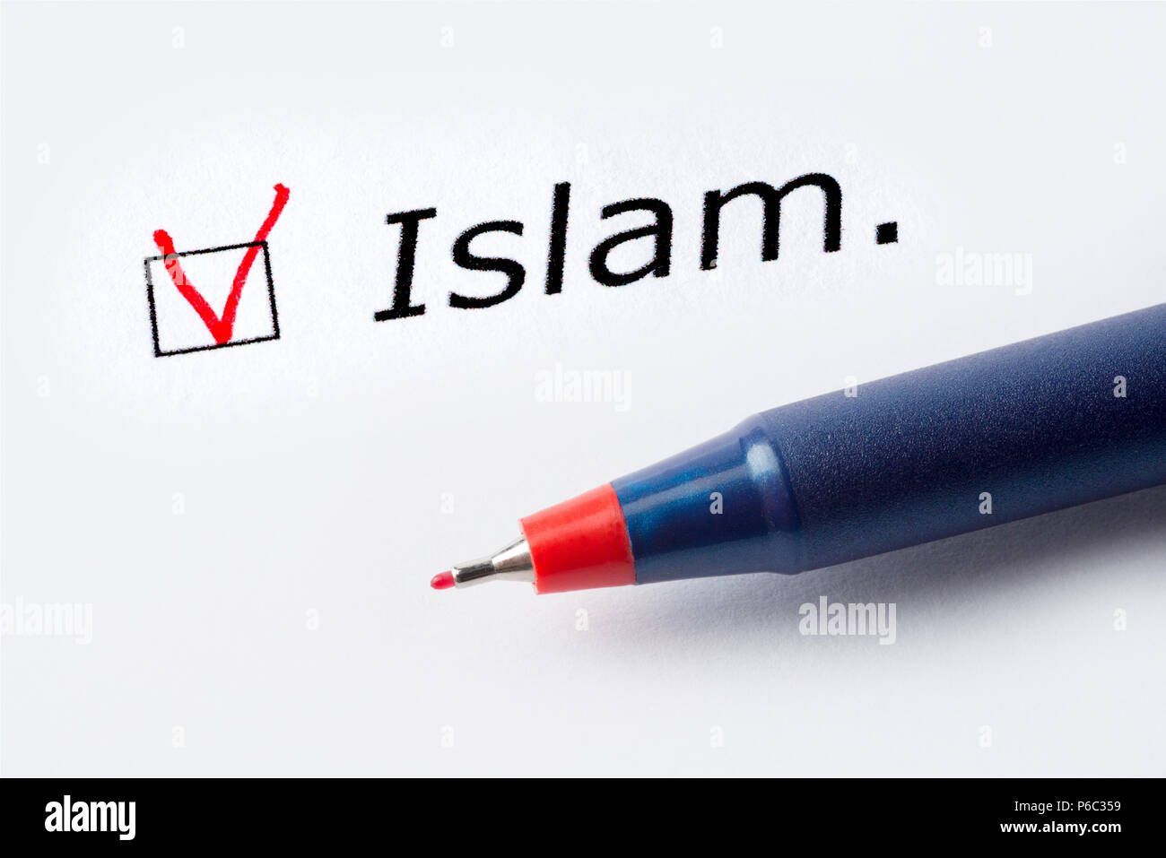 The word Islam is printed on a white background. Check mark in red ...