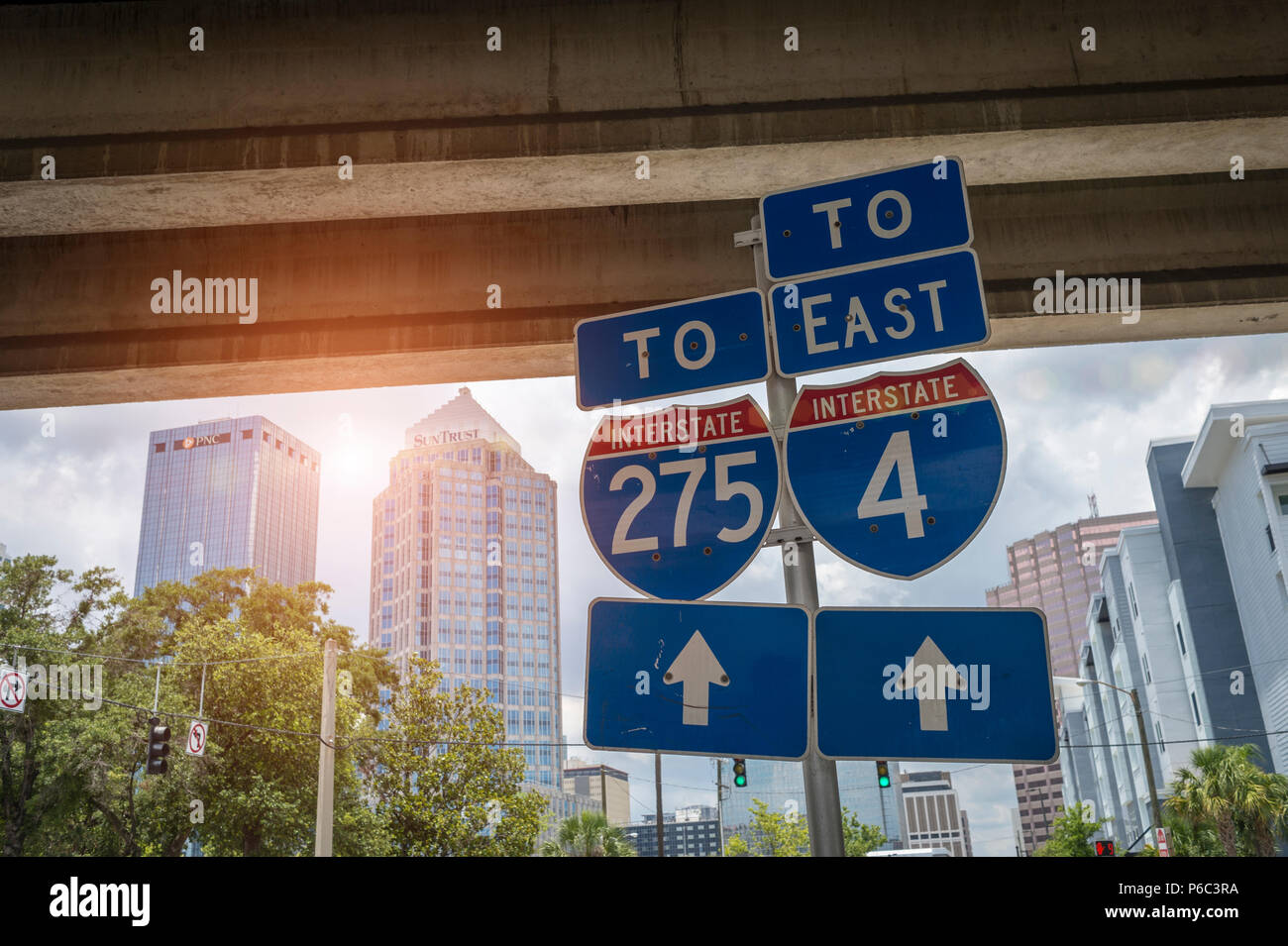 Interstate freeway signs for the 275 and 4 in downtown Tampa Florida ...