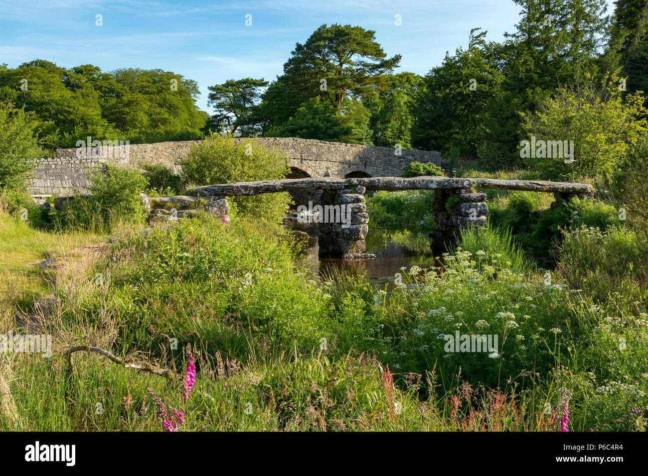 Postbridge Dartmoor Devon England June 24, 2018 Ancient clapper bridge ...