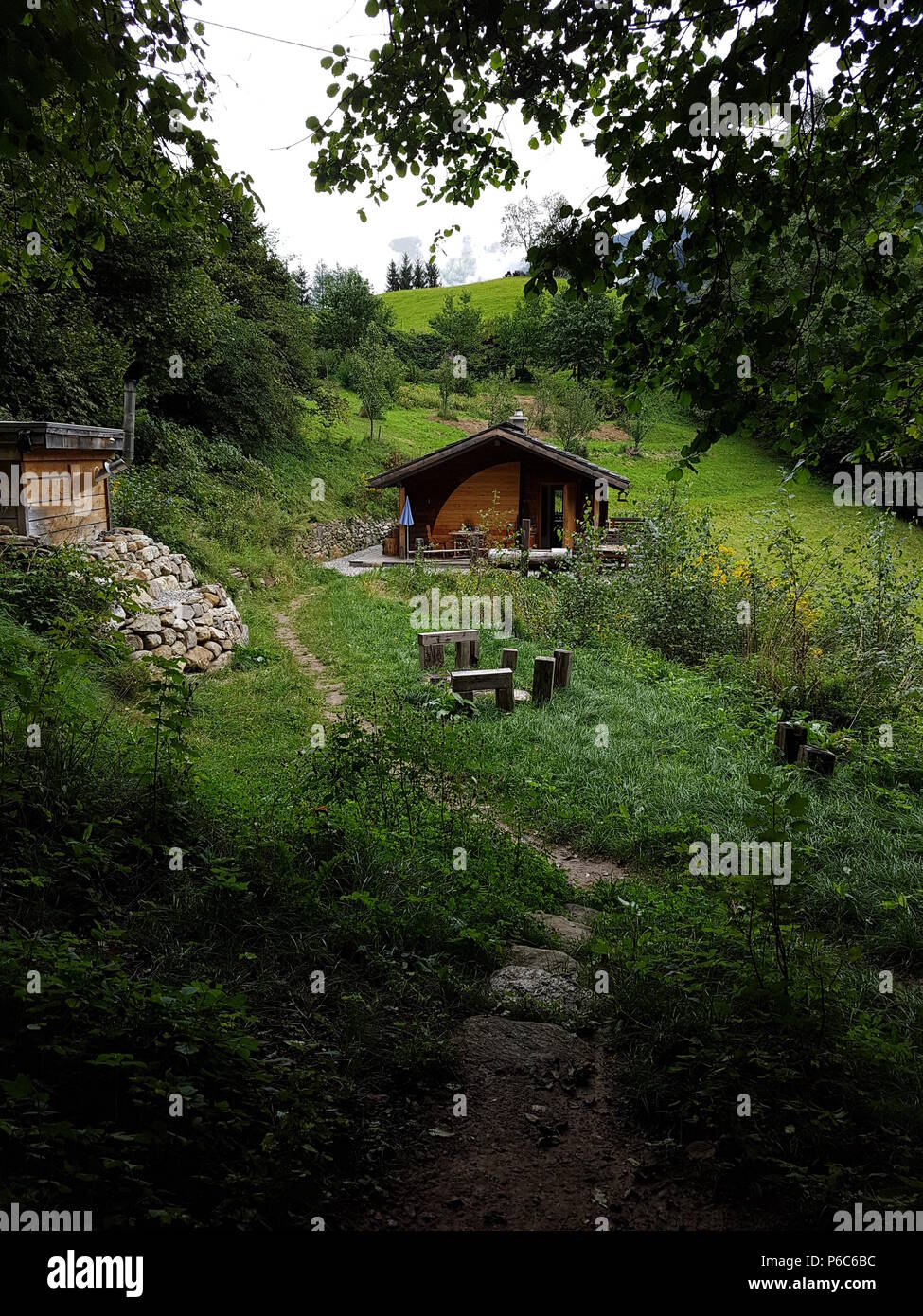 cabin in the woods and lawns with a path Stock Photo - Alamy