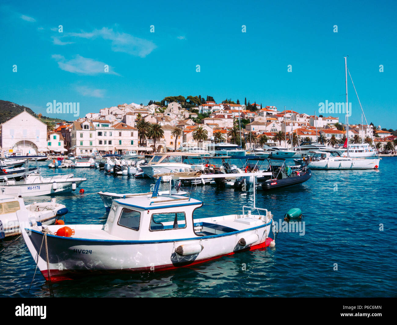 Ships and boats are moored in the port of Hvar Island, Croatia Stock ...