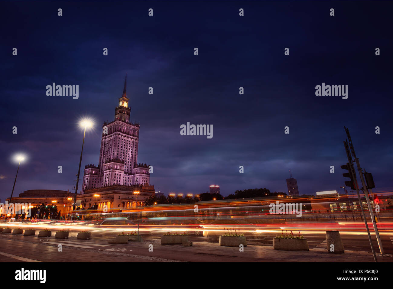 warsaw center at night and the palace of culture and science Stock ...