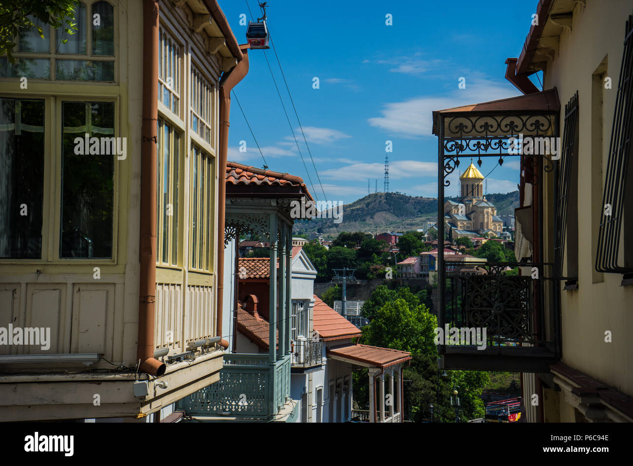 Traditional georgian carving balconies on Meidan square, and cableway ...