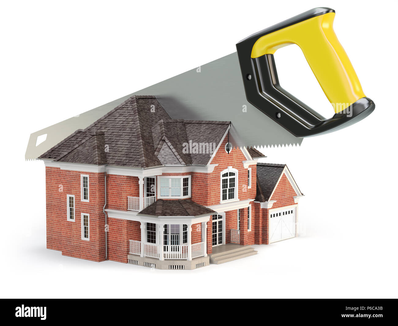 Saw is splitting a house isolated on white background. Divorce and ...