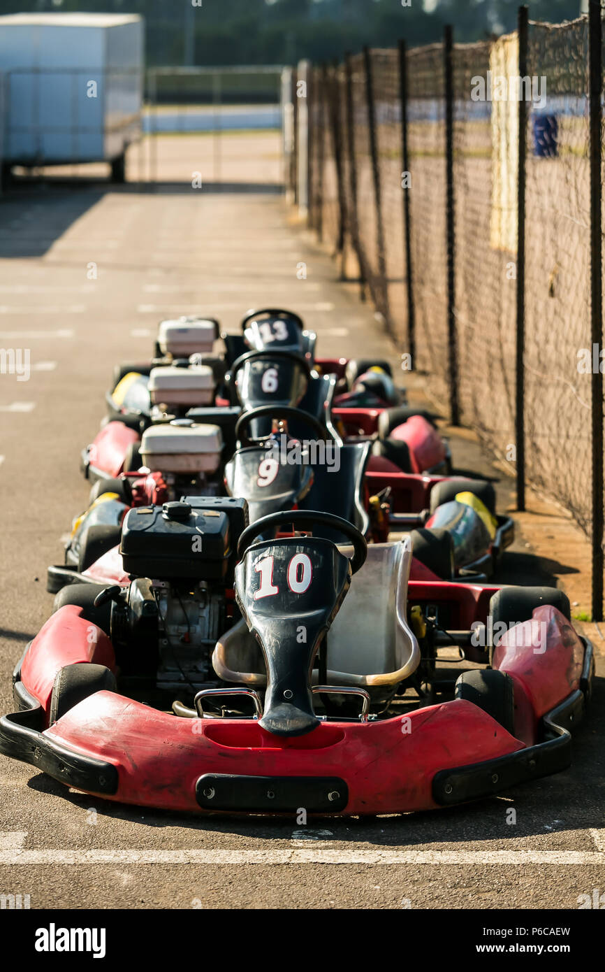 Row of small Go-carts for professional or amateur racing at corporate ...