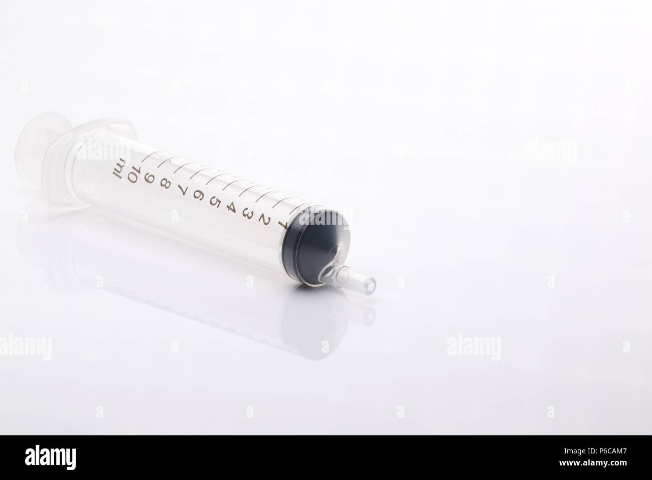 Clear plastic syringe isolated on a white background. Scientific ...