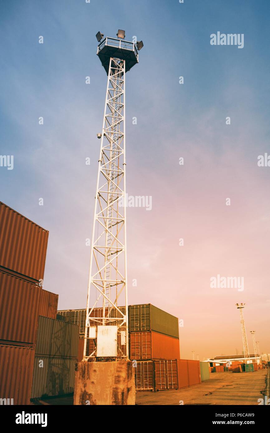 Cargo containers stacked in port. Container port or terminal Stock ...