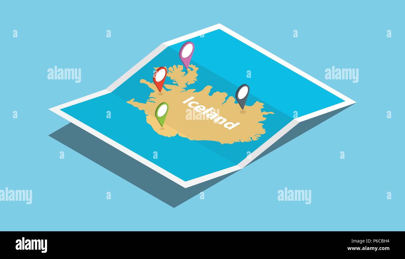 iceland explore maps with isometric style and pin location tag on top ...