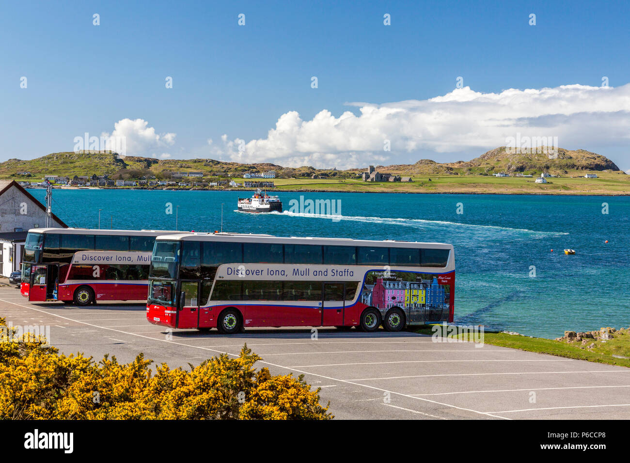 Luxury double deck coaches connect with the Iona ferry at Fionnphort on ...