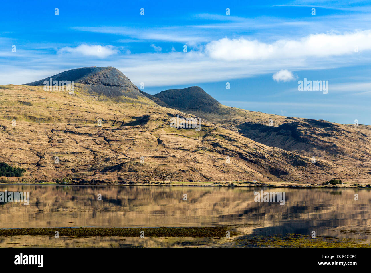Early morning reflections of Ben More in still waters of Loch Scridain ...