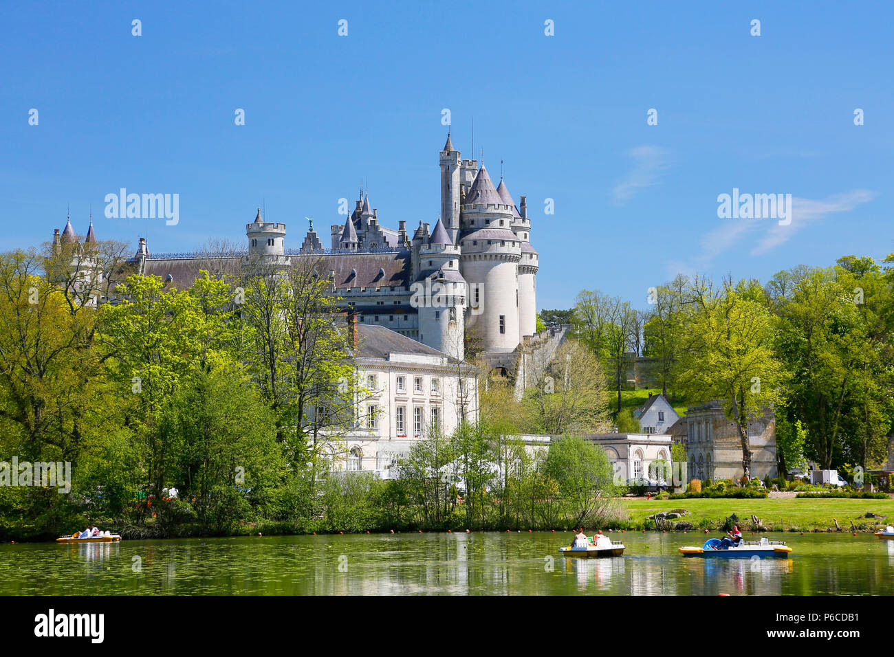 Oise. Pierrefonds. The castle of Pierrefonds. Foreground: Lake ...