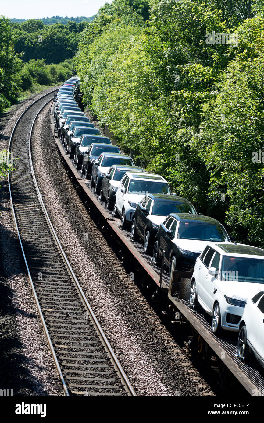 New Land Rover cars transported by rail, Warwickshire, UK Stock Photo ...