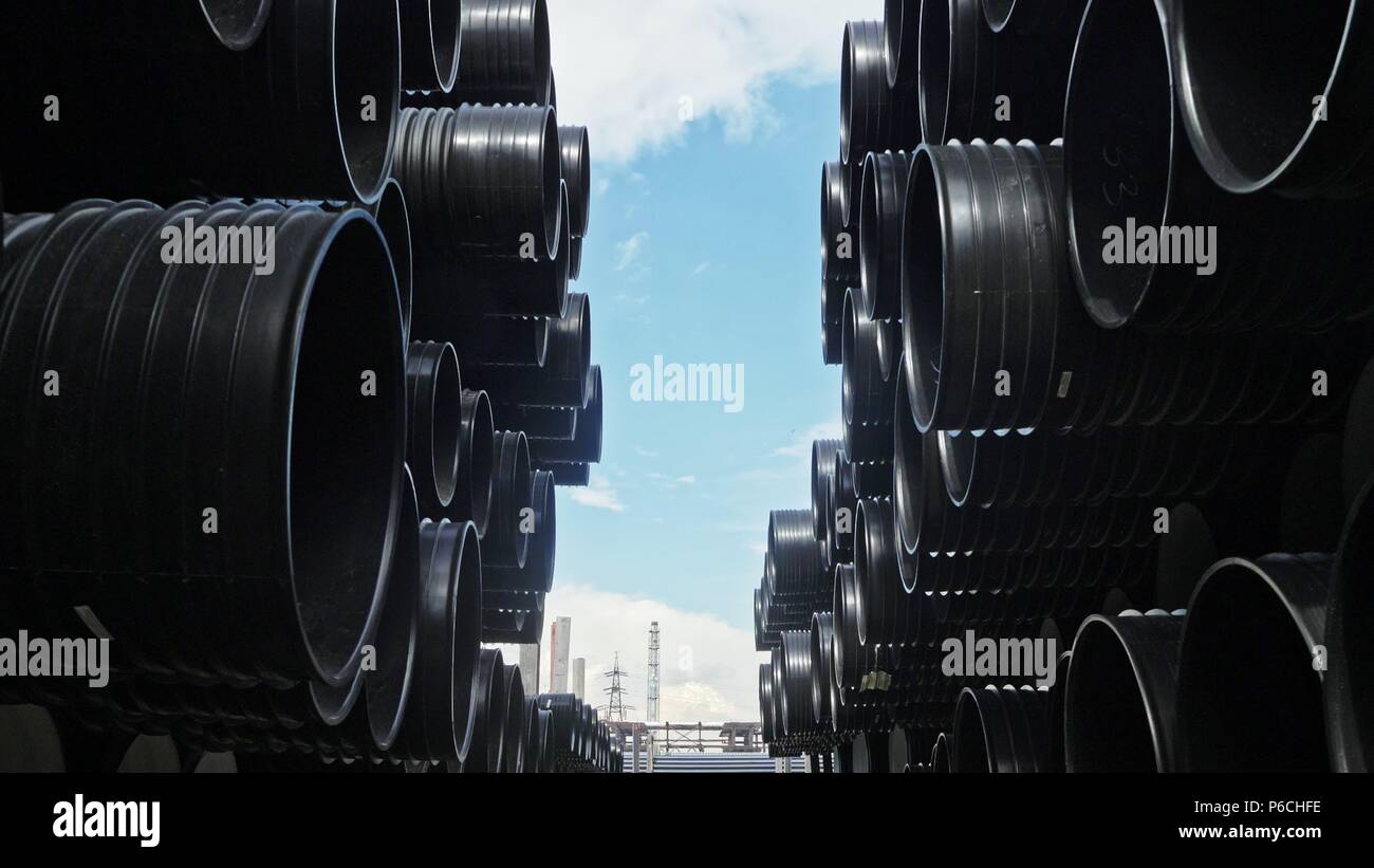 Warehouse of finished plastic pipes industrial outdoors storage site ...