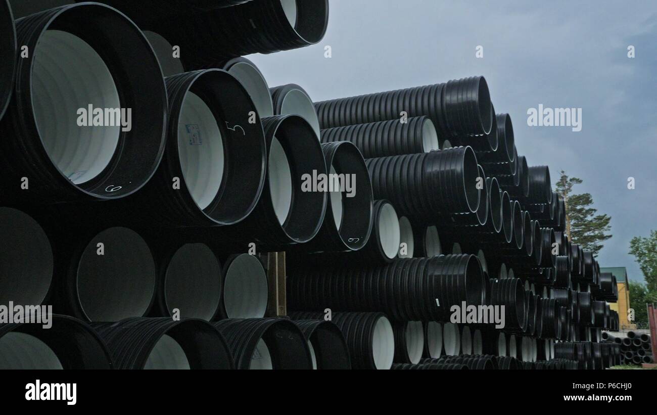 Warehouse of finished plastic pipes industrial outdoors storage site ...