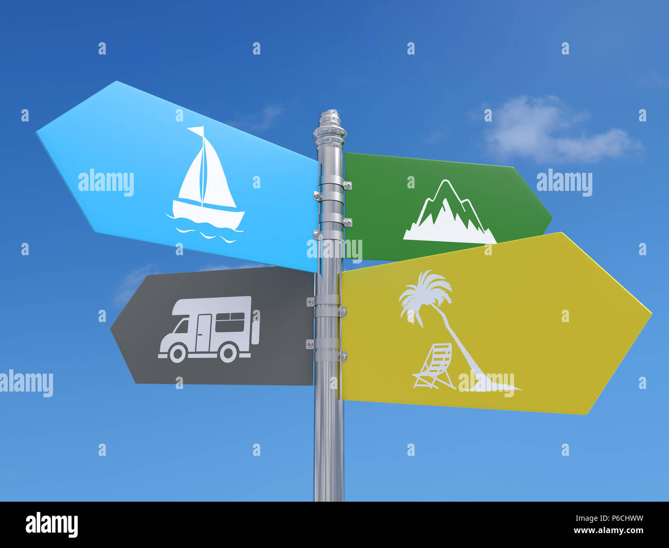 Four-way metal signpost with summer holiday destination idea over blue ...