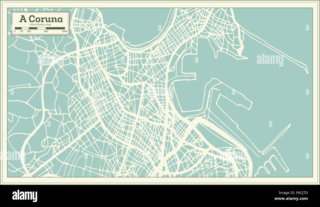 A Coruna Spain City Map in Retro Style. Outline Map. Vector ...