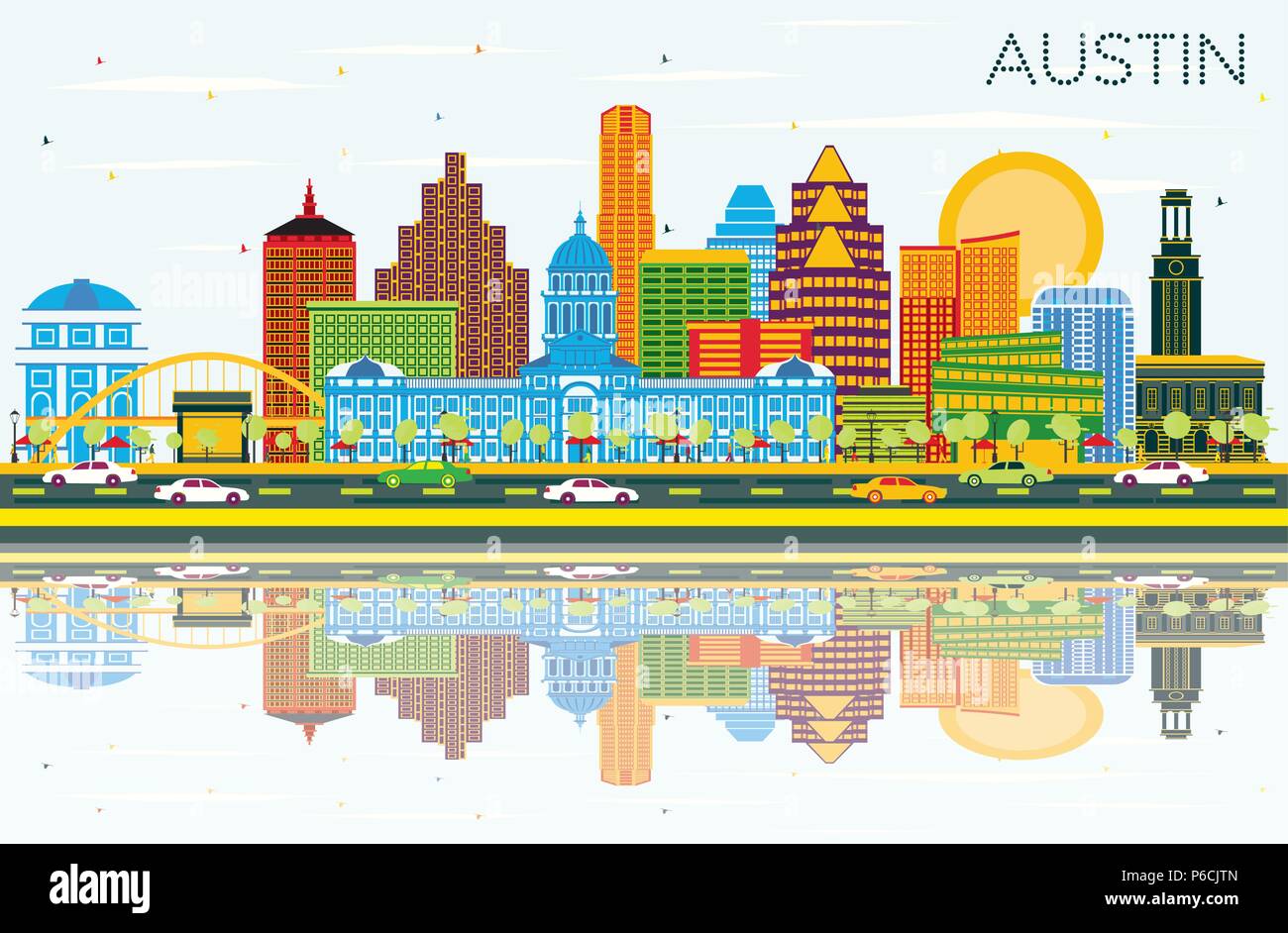 Austin Texas Skyline with Color Buildings, Blue Sky and Reflections ...