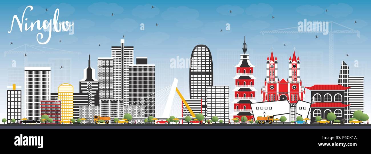 Ningbo China City Skyline with Color Buildings and Blue Sky. Vector ...