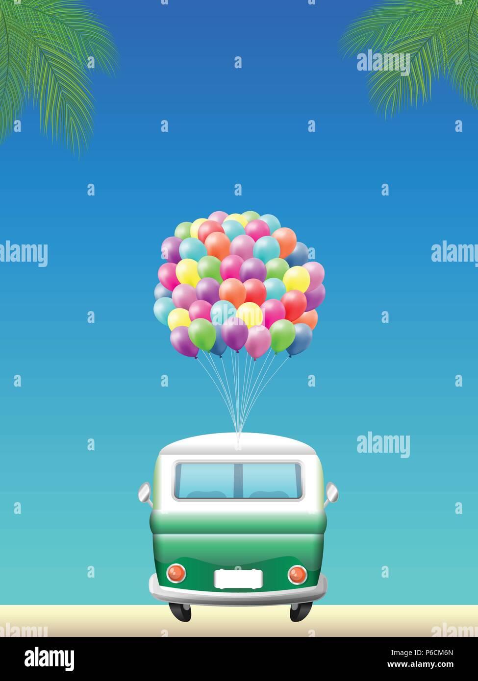 Retro camper van with colorful balloons parked on the beach - rear view ...