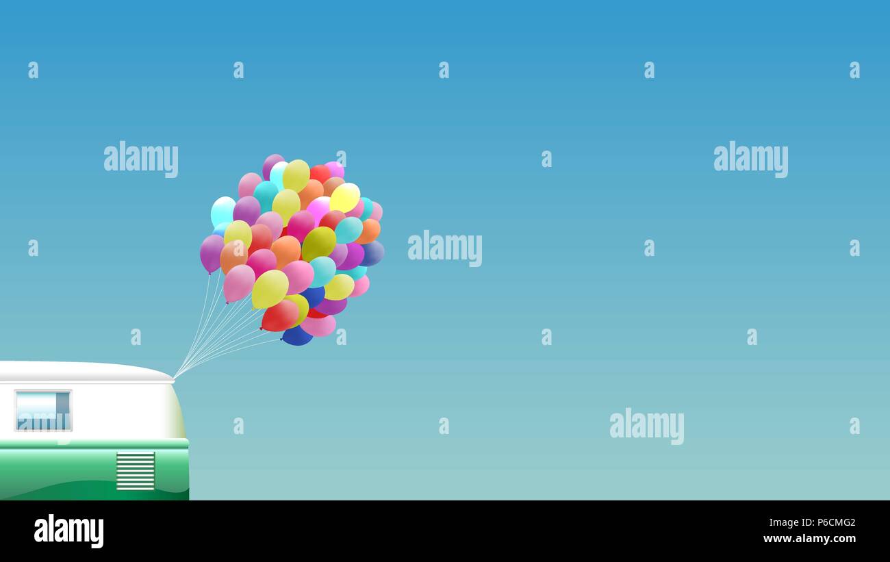 Summer background - Retro van with bunch of colorful balloons - 16:9 ...