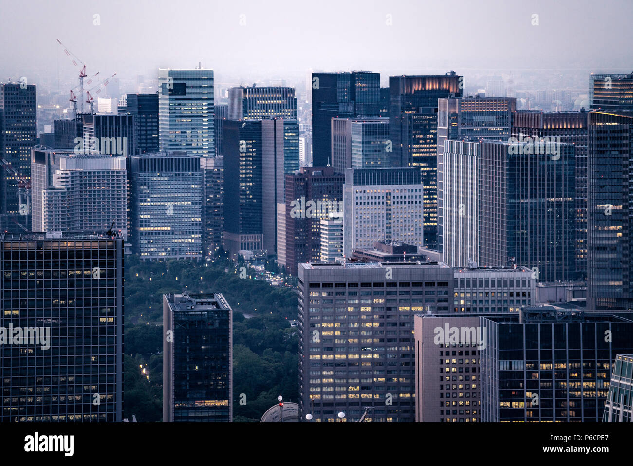 Aerial close up of office buildings in business district Stock Photo ...