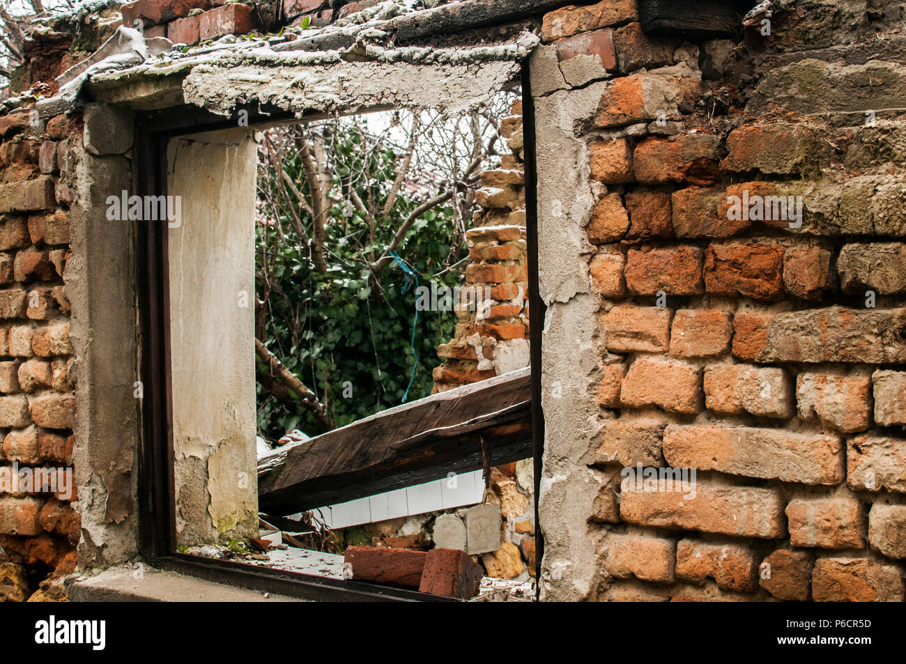 Grunge window frame of poor abandoned dirty demolished house closeup ...