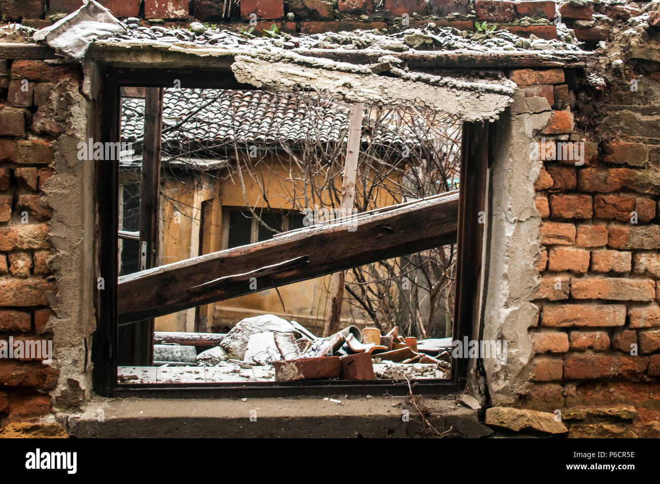 Grunge window frame of poor abandoned dirty demolished house closeup ...