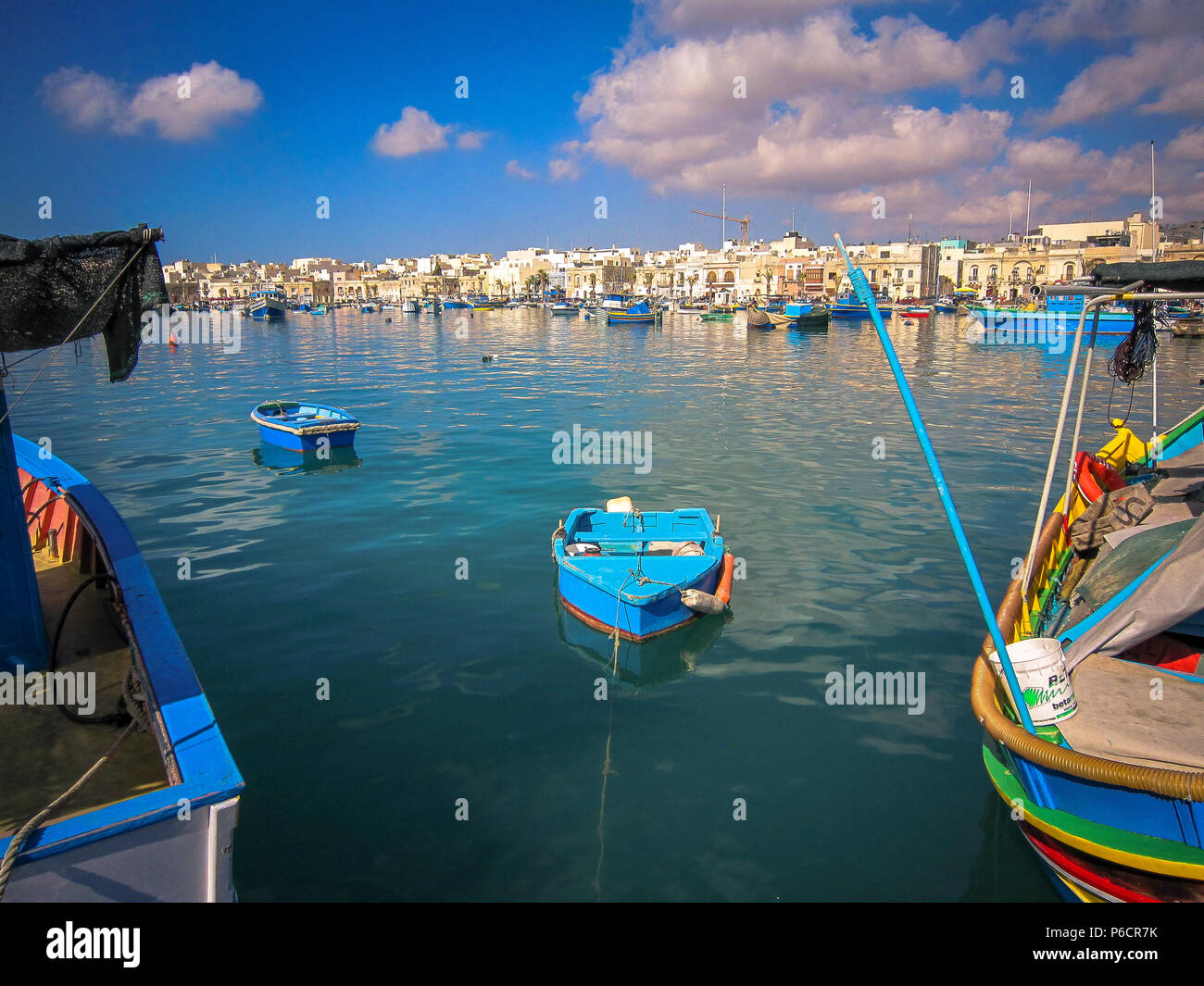 Colorful boats docked and anchored in Mediterranean Harbor Stock Photo ...