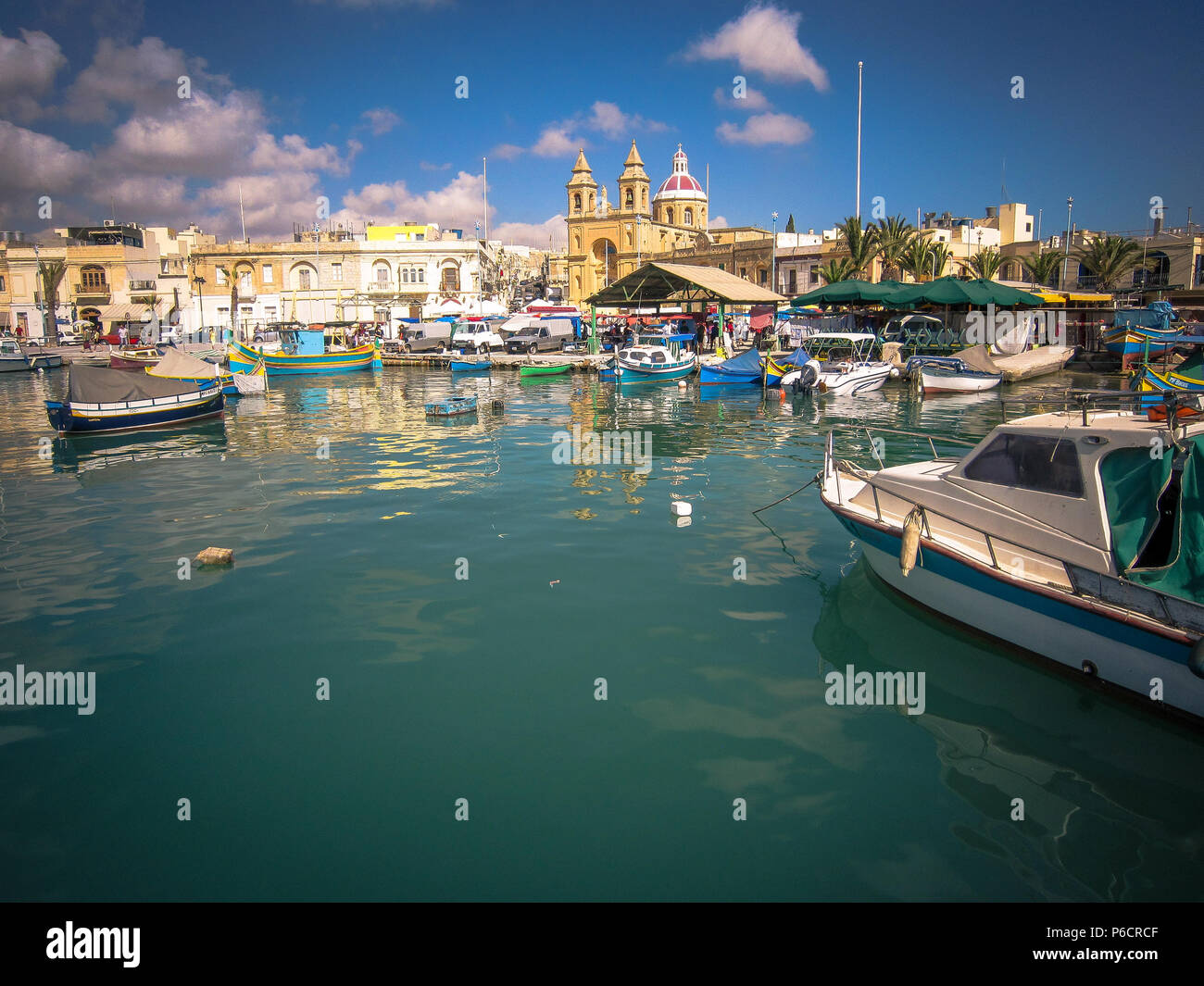Colorful boats docked and anchored in Mediterranean Harbor Stock Photo ...