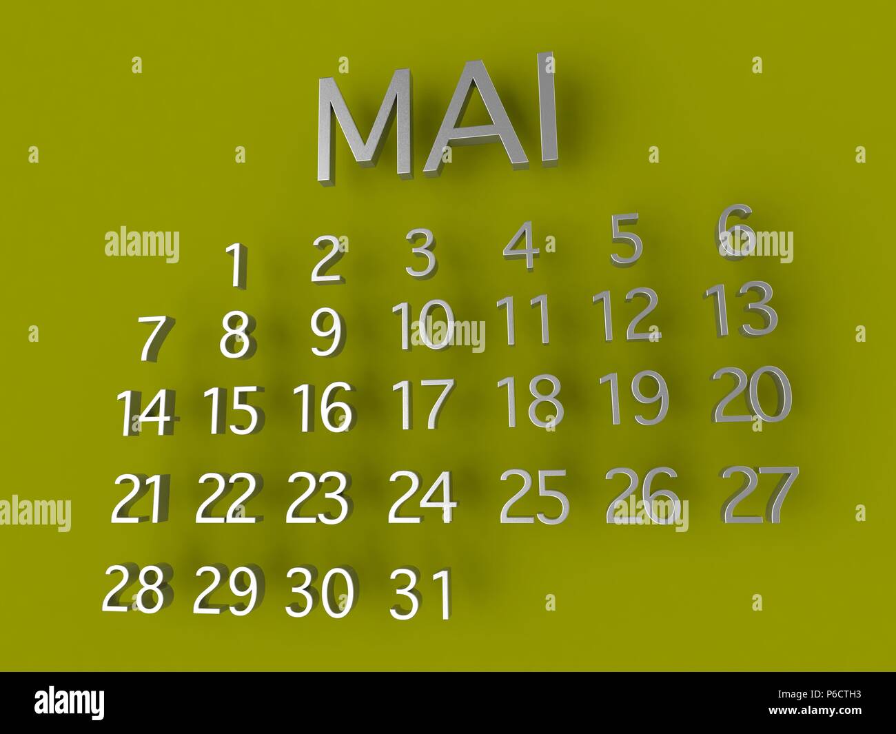 Mai Calender 3D metal on green background Stock Photo - Alamy