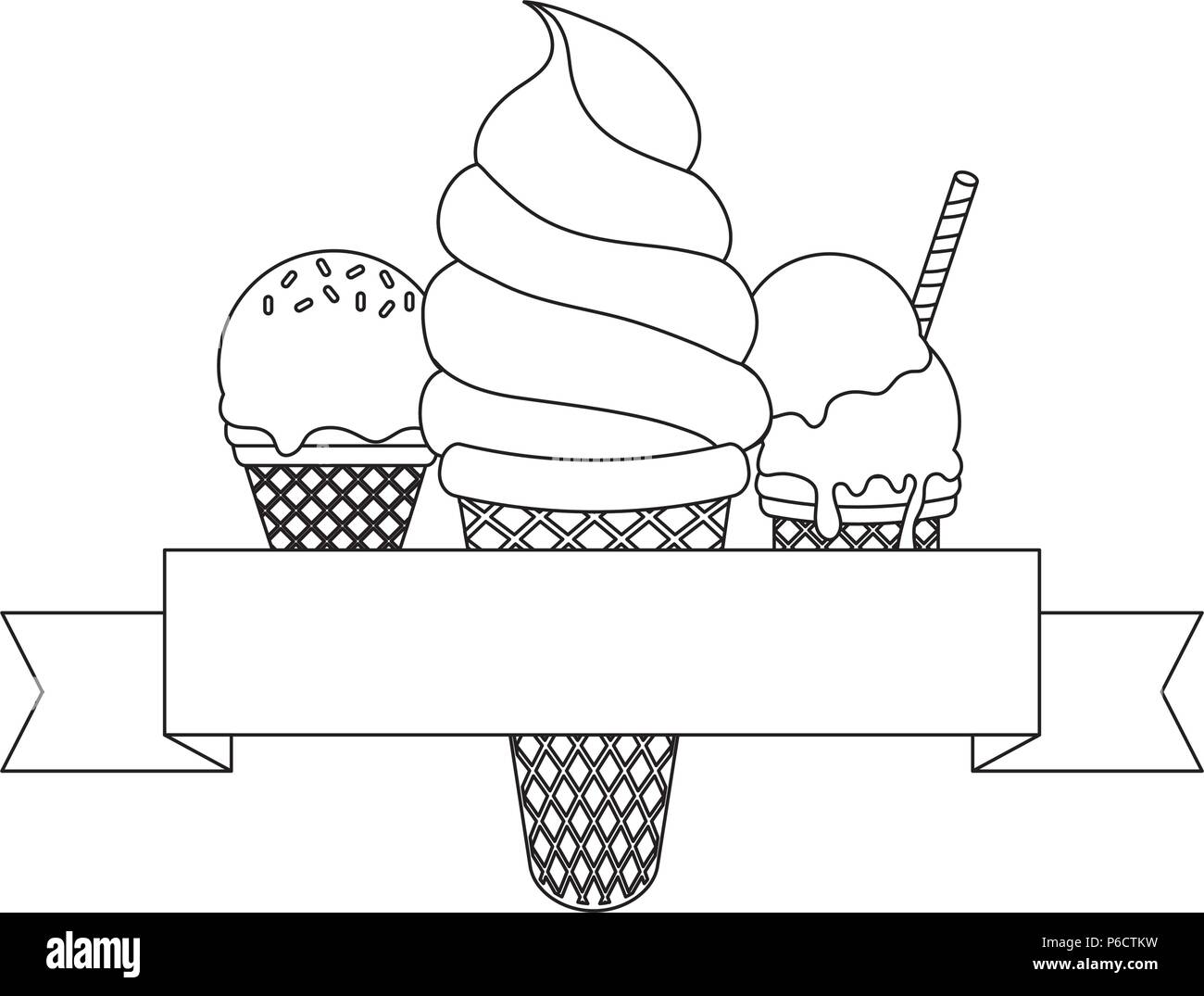 decorative ribbon with ice cream cones over white background, vector ...