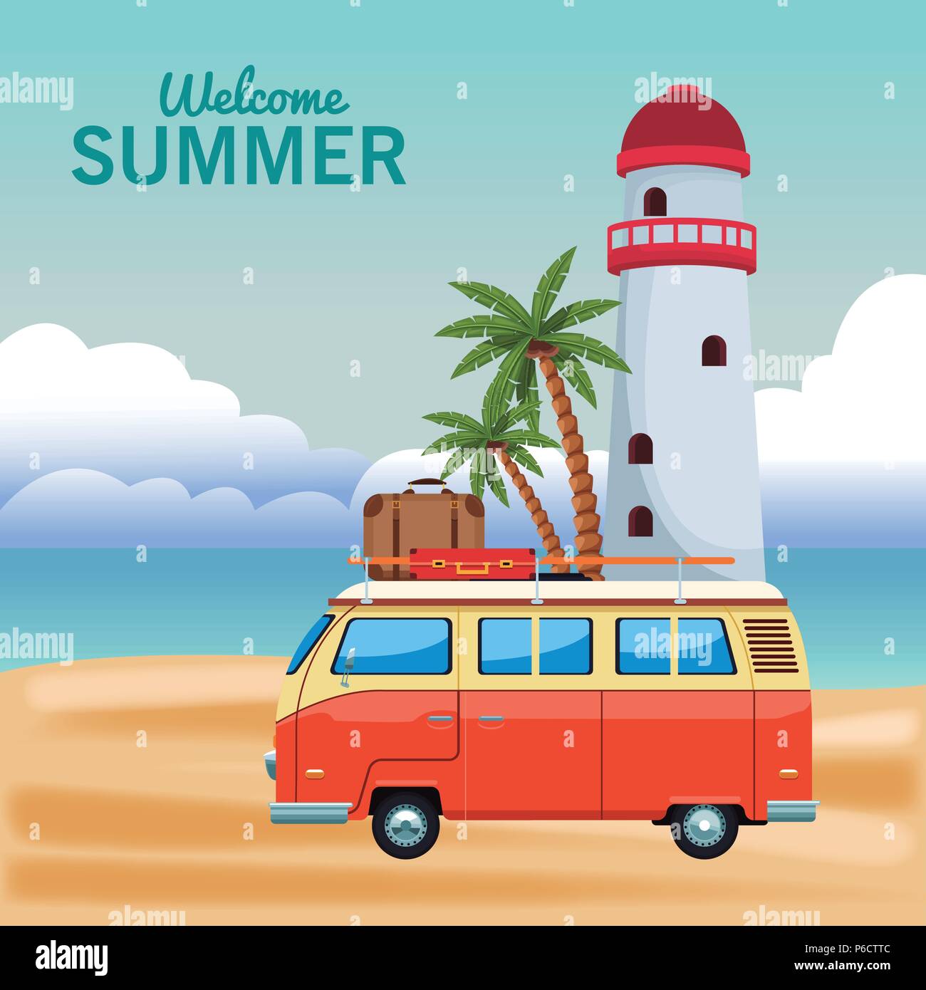 Welcome summer van and lighthouse vector illustration graphic design ...
