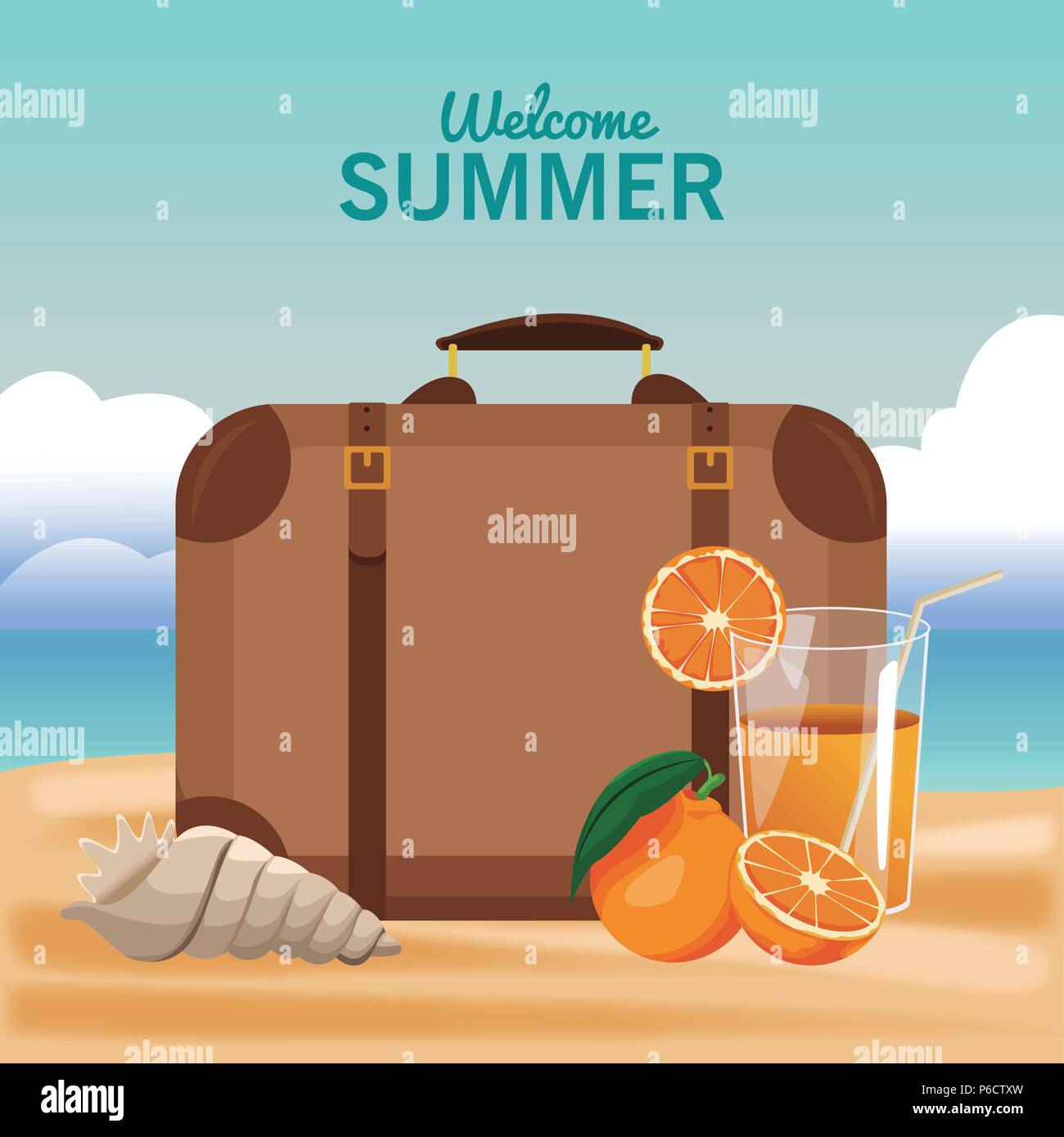 Welcome summer cartoons suitcase and orange juice vector illustration ...