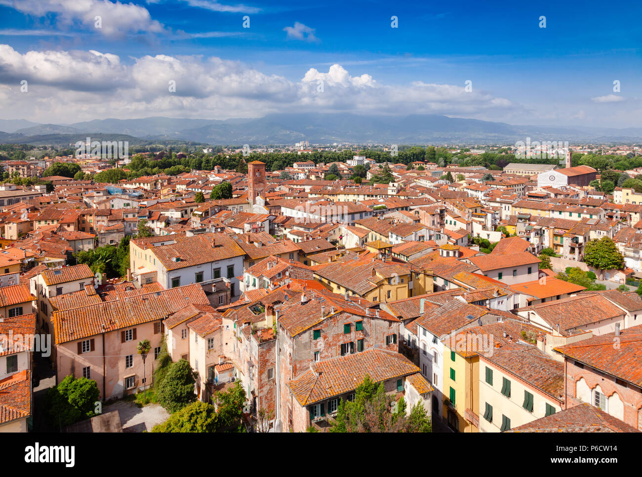 Aerial view of Lucca old town with mediterranean terracotta roof ...