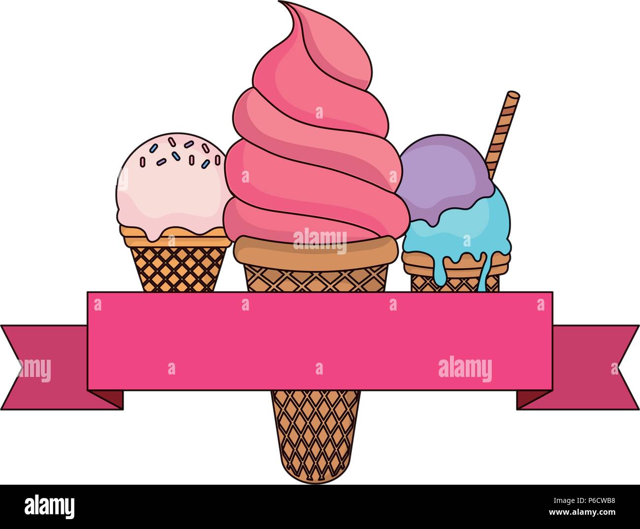 decorative ribbon with ice cream cones over white background, vector ...