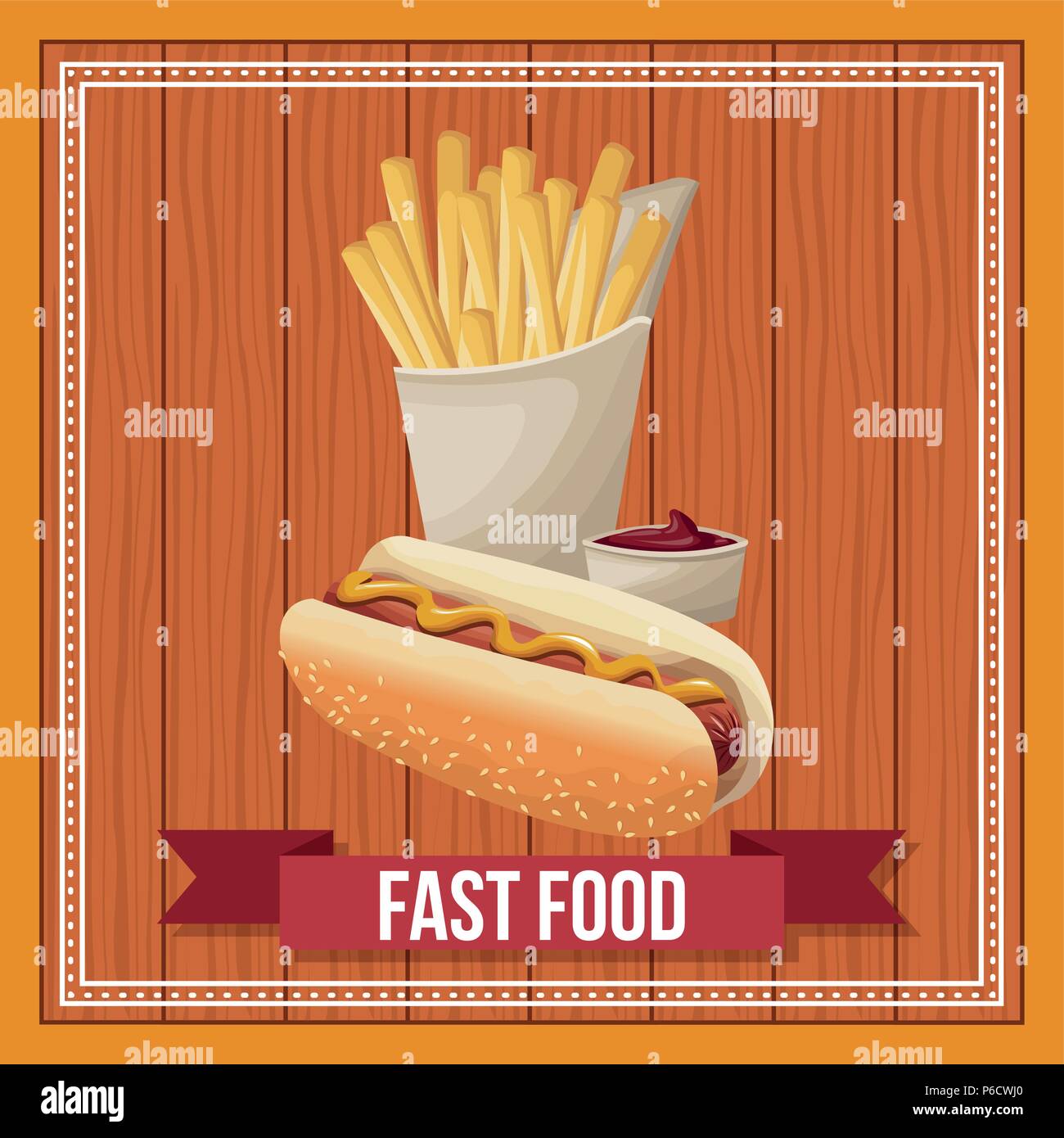 Fast food combo with ribbon banner over wooden background vector ...