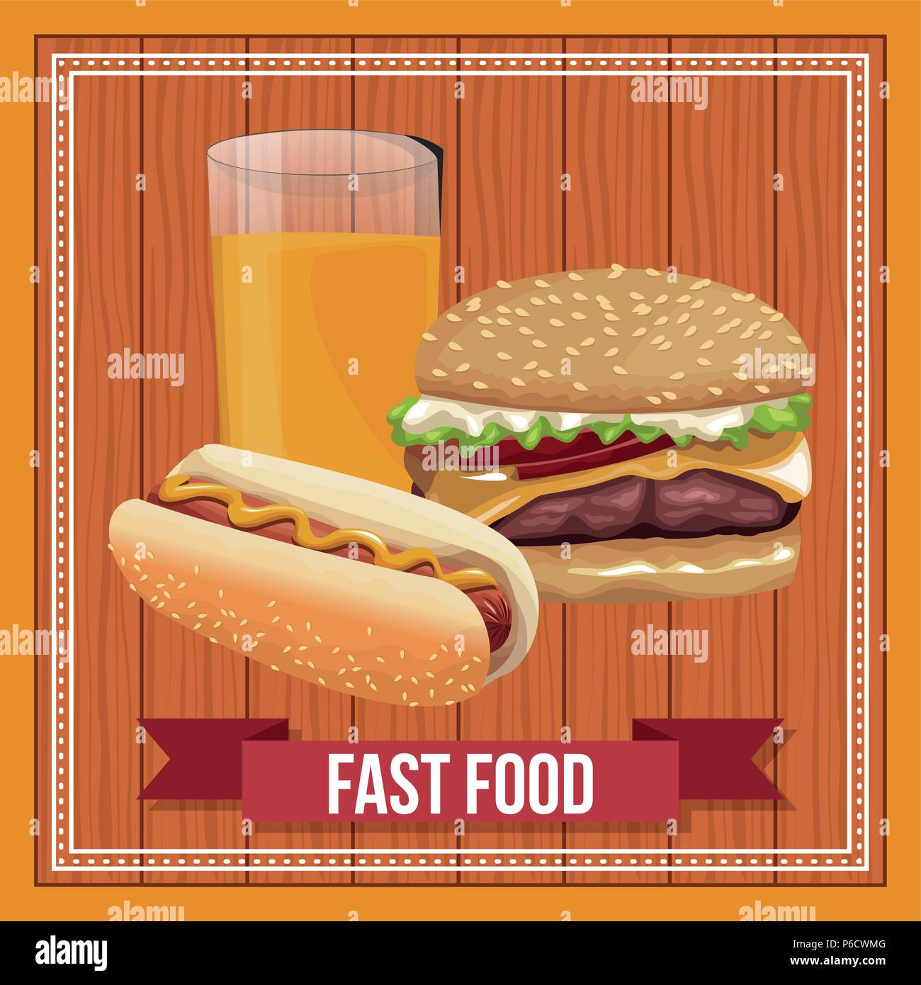 Fast food combo with ribbon banner over wooden background vector ...