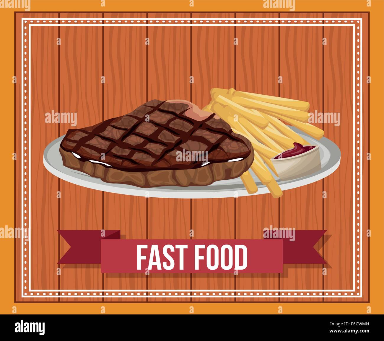 Fast food combo with ribbon banner over wooden background vector ...