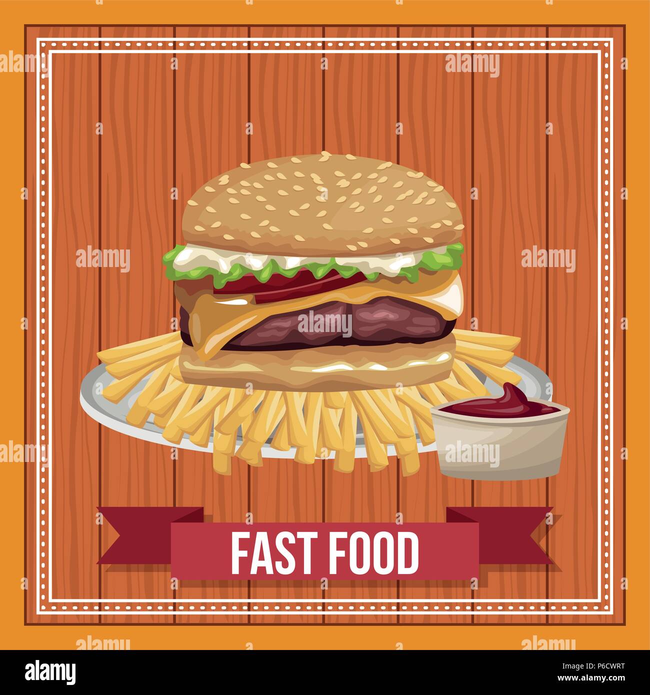Fast food combo with ribbon banner over wooden background vector ...