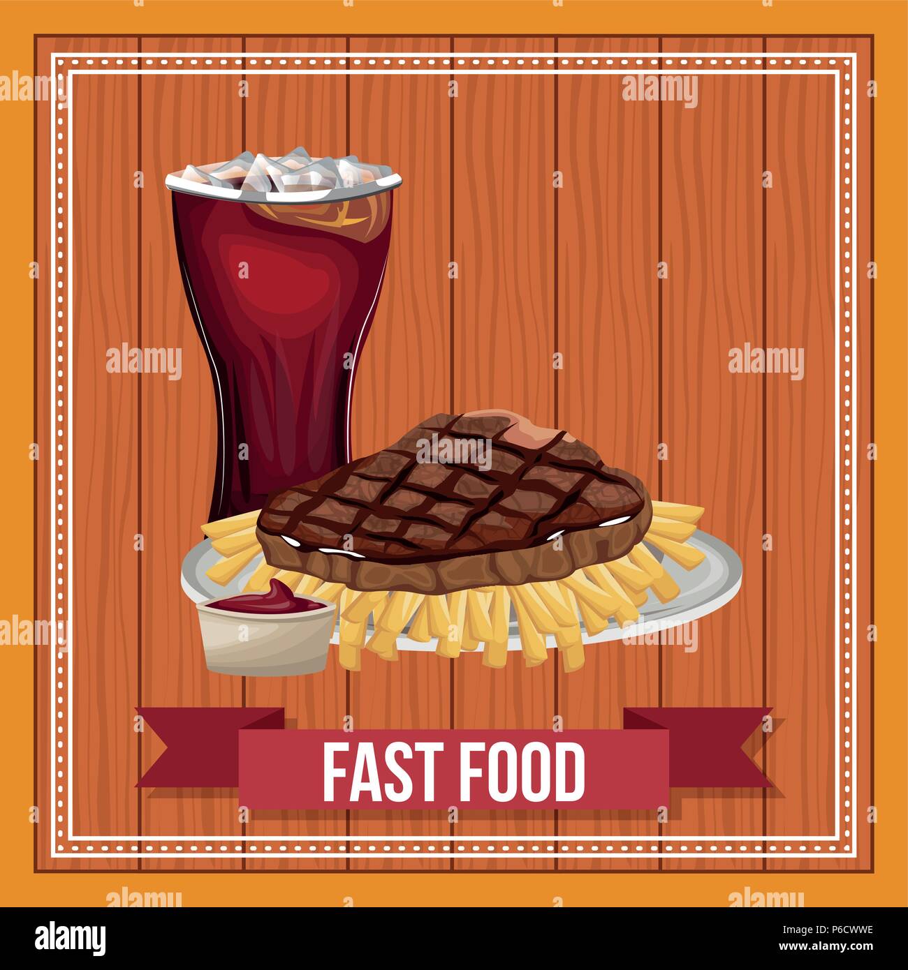 Fast food combo with ribbon banner over wooden background vector ...